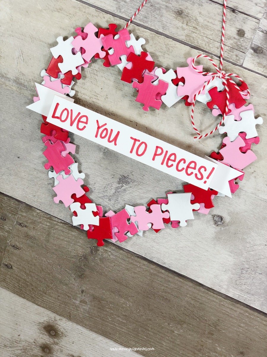 Puzzle Piece Valentine Heart Wreath - Moneywise Moms - Easy Family Recipes
